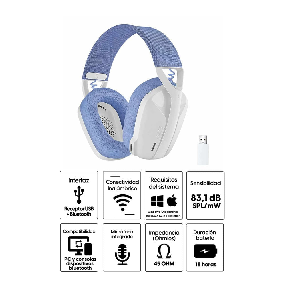 Logitech G435 Lightspeed, inalámbrico, Bluetooth/USB, blanco - Coolbox